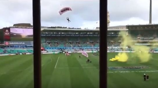 Parachutist lands heavily in stadium stunt gone wrong