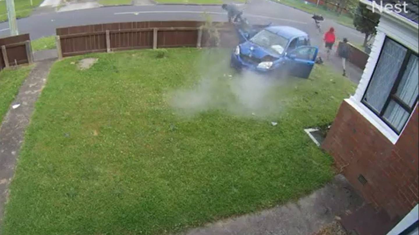 Footage captures car hurtling into fence, occupants flee scene